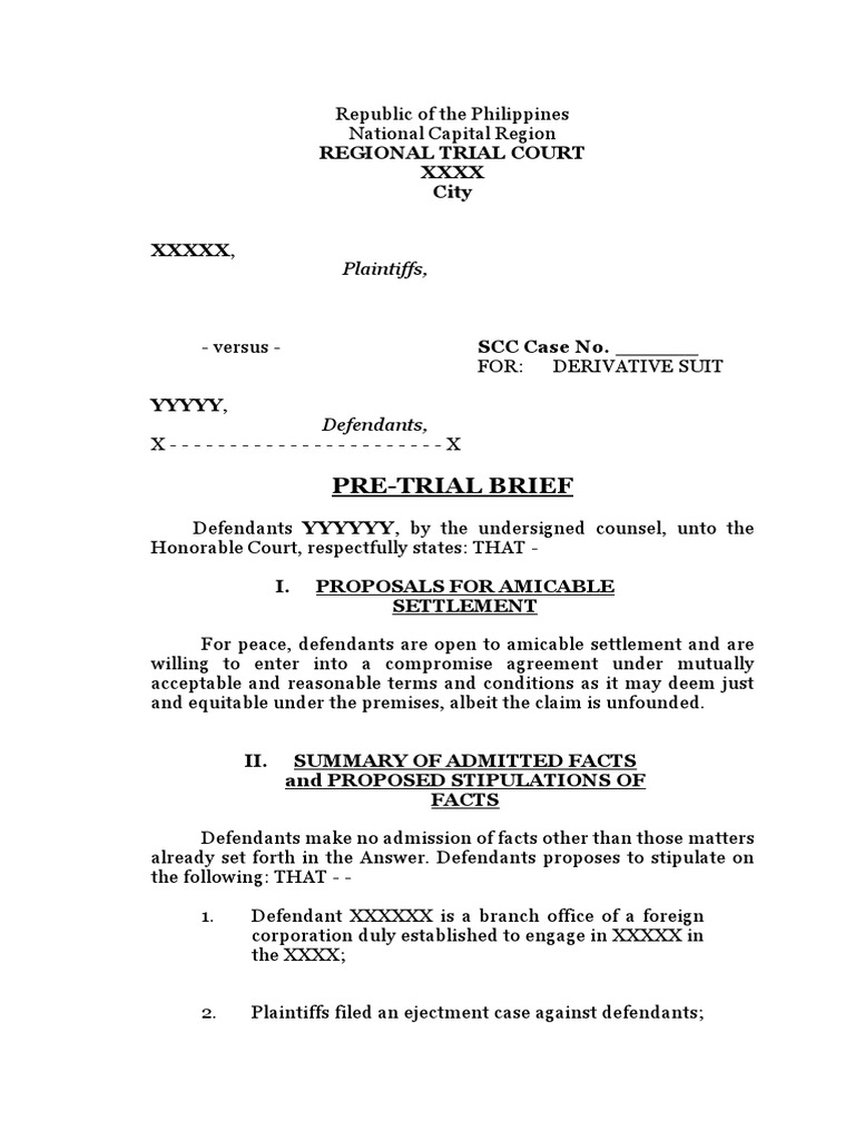 PreTrial Brief Sample | PDF | Lawsuit | Complaint