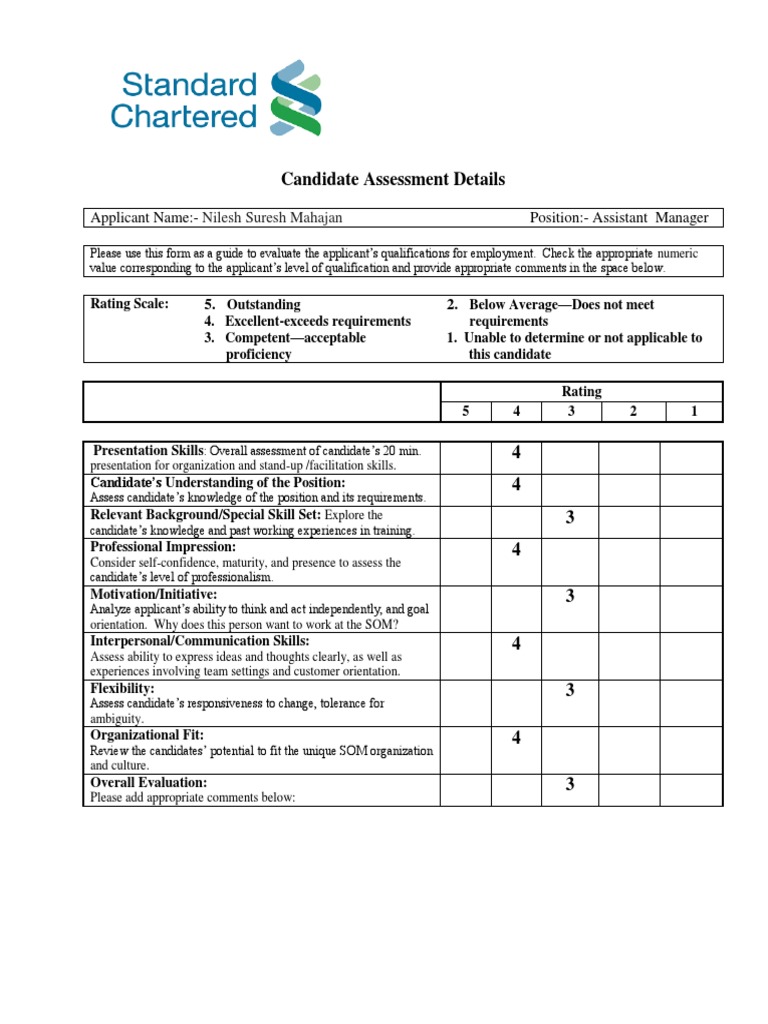 Candidate Assessment Details: Applicant Name:-Position: - Assistant ...