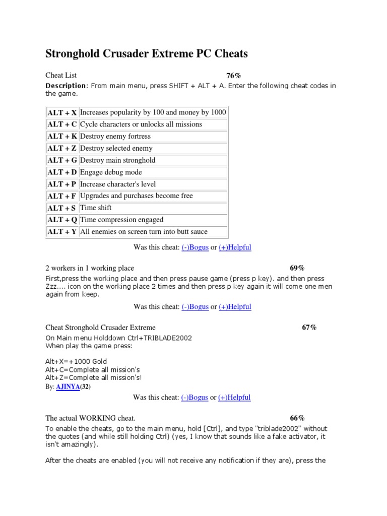 Stronghold Crusader Extreme PC Cheats | PDF | Cheating In Video Games ...