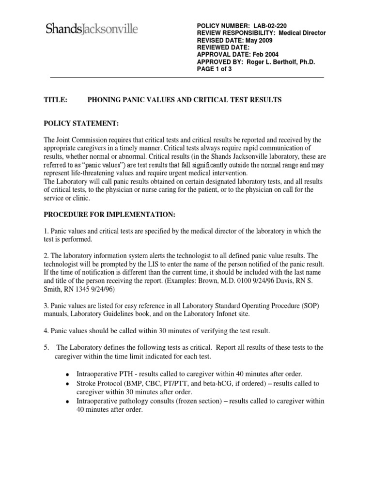 Title: Phoning Panic Values and Critical Test Results | PDF | Nurse ...