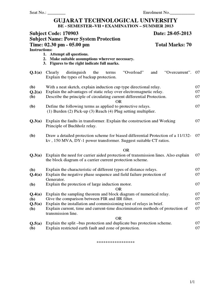 Power System Protection Exam 2013 | PDF | Relay | Transformer