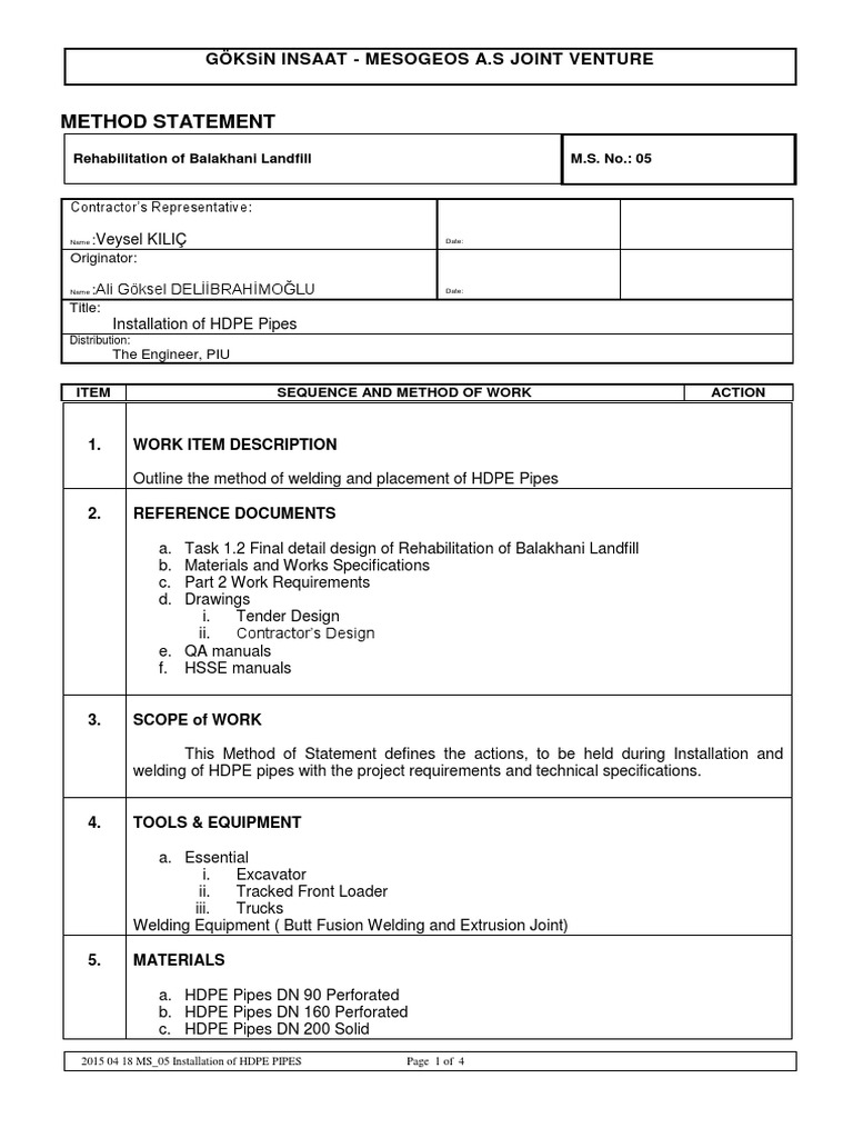 Method Statement Göksin Insaat Mesogeos A S Joint Venture Pdf