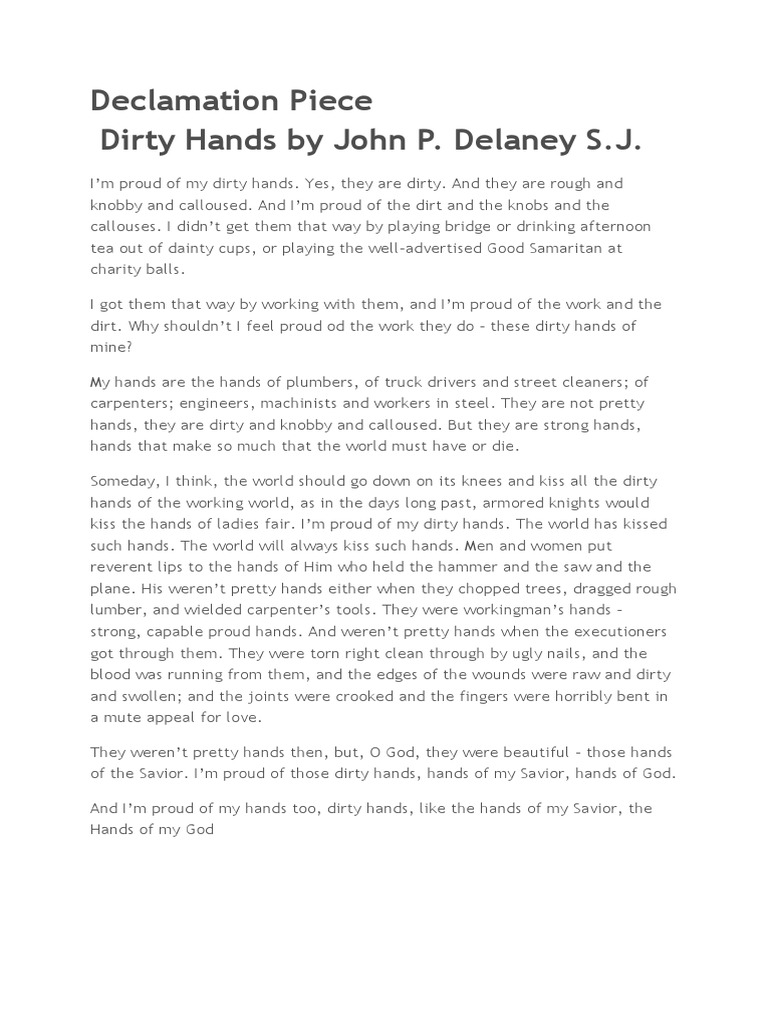 Declamation Piece Dirty Hands by John P. Delaney S.J | PDF