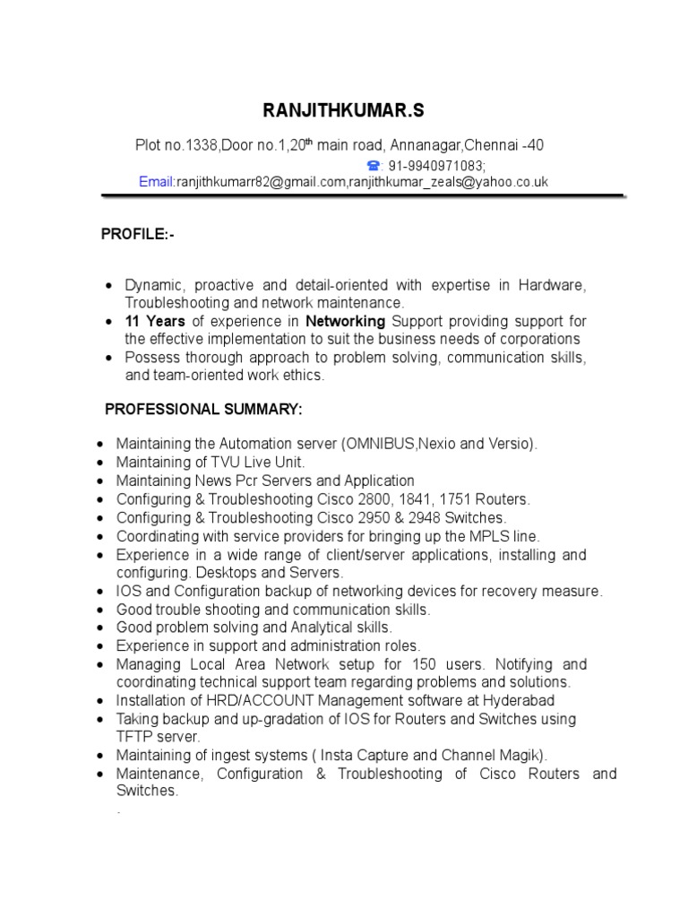 Ranjithkumar Resume | PDF | Internet Protocol Suite | Computer Network