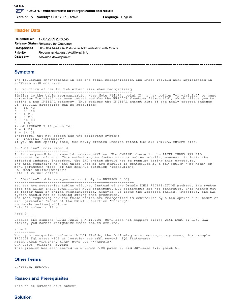 Enhancements For Reorganization and Rebuild | PDF | Oracle Database ...