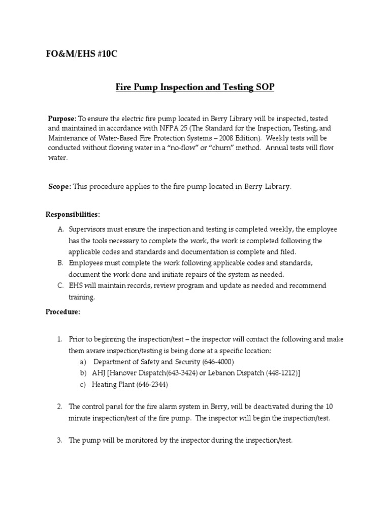 Fire Pump Inspection & Testing SOP | PDF | Pump | Safety