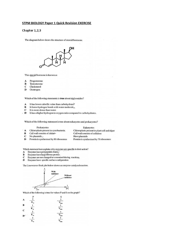 Chapter 1,2,3: STPM BIOLOGY Paper 1 Quick Revision EXERCISE | PDF
