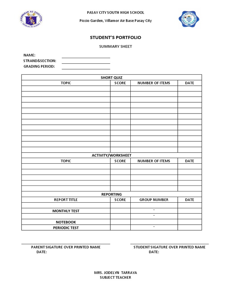 Student'S Portfolio: Summary Sheet | PDF