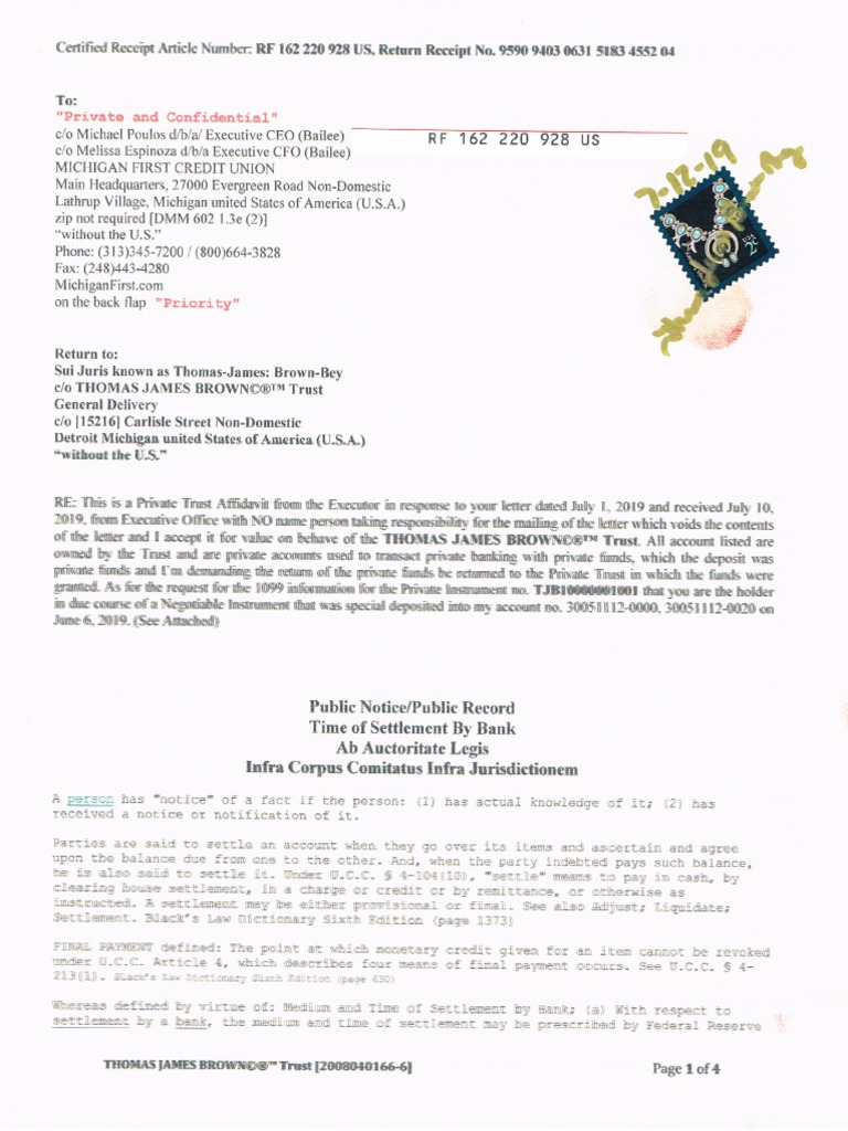 Rf162220928us Time of Settlement by Bank Michigan First C.U. | PDF