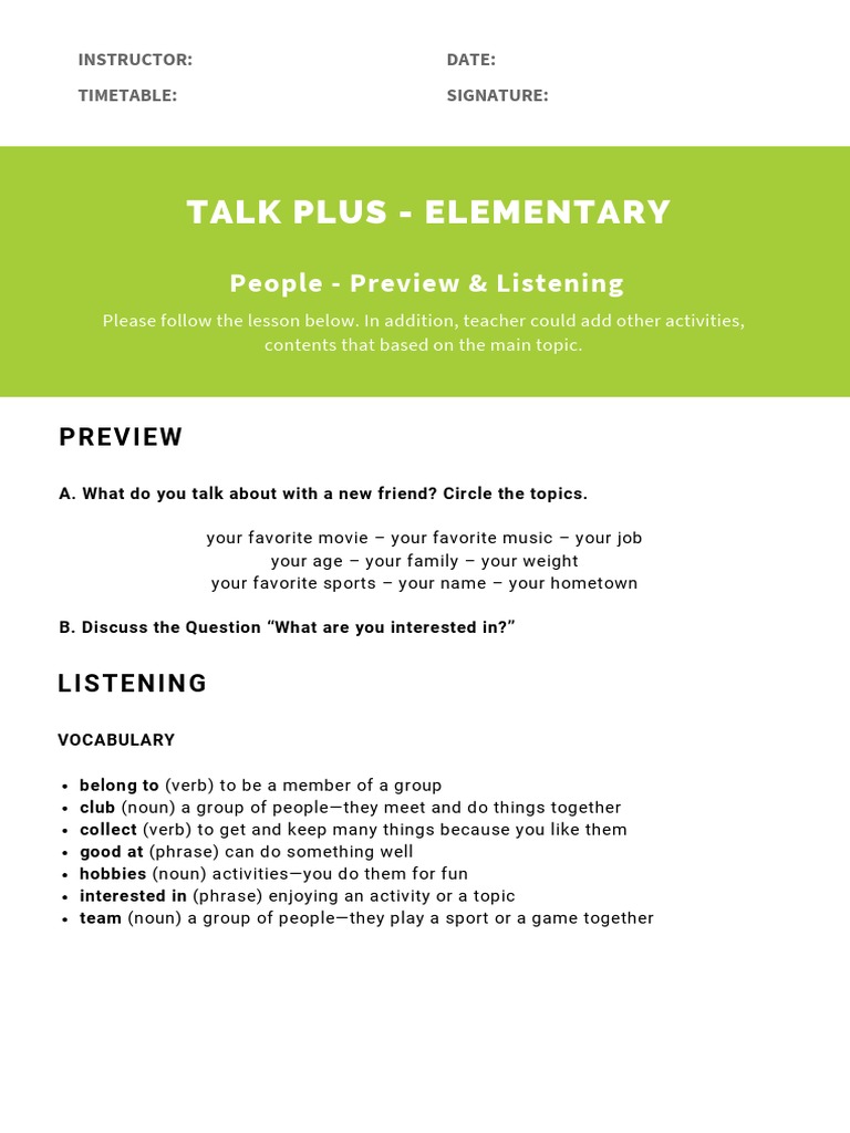 Talk Plus - Elementary: People - Preview & Listening | PDF