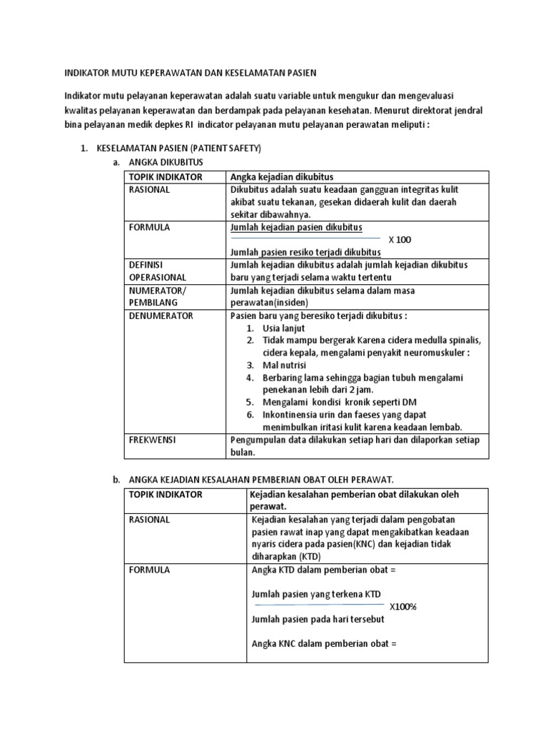 Indikator Mutu Keperawatan Dan Keselamatan Pasien | PDF