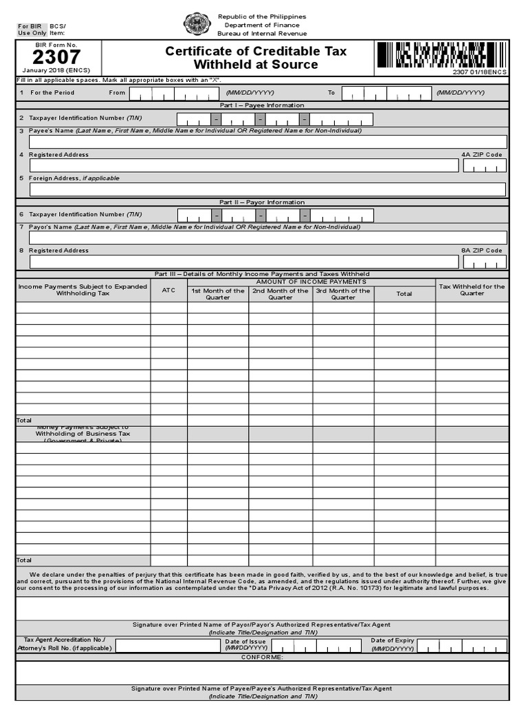 2307 Jan 2018 ENCS v3 | Withholding Tax | Corporate Tax