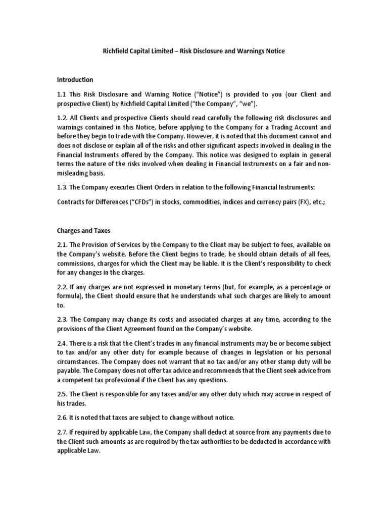 Richfield Capital Limited Risk Disclosure | PDF | Contract For ...