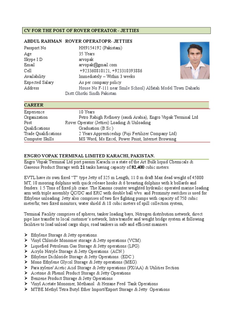CV For The Post of Rover Operator - Jetties Abdul Rahman Rover ...