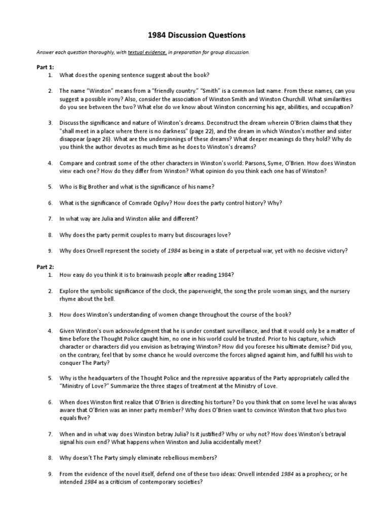 1984 Discussion Questions and Analysis | PDF | Winston Churchill