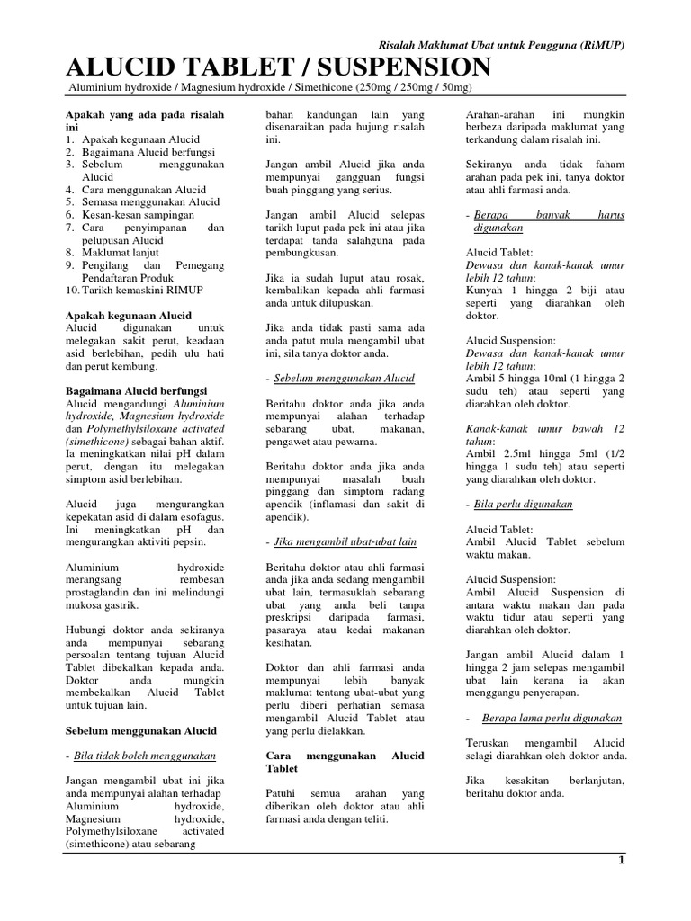 Alucid Tablet Suspension Aluminium Hydroxide Magnesium Hydroxide ...