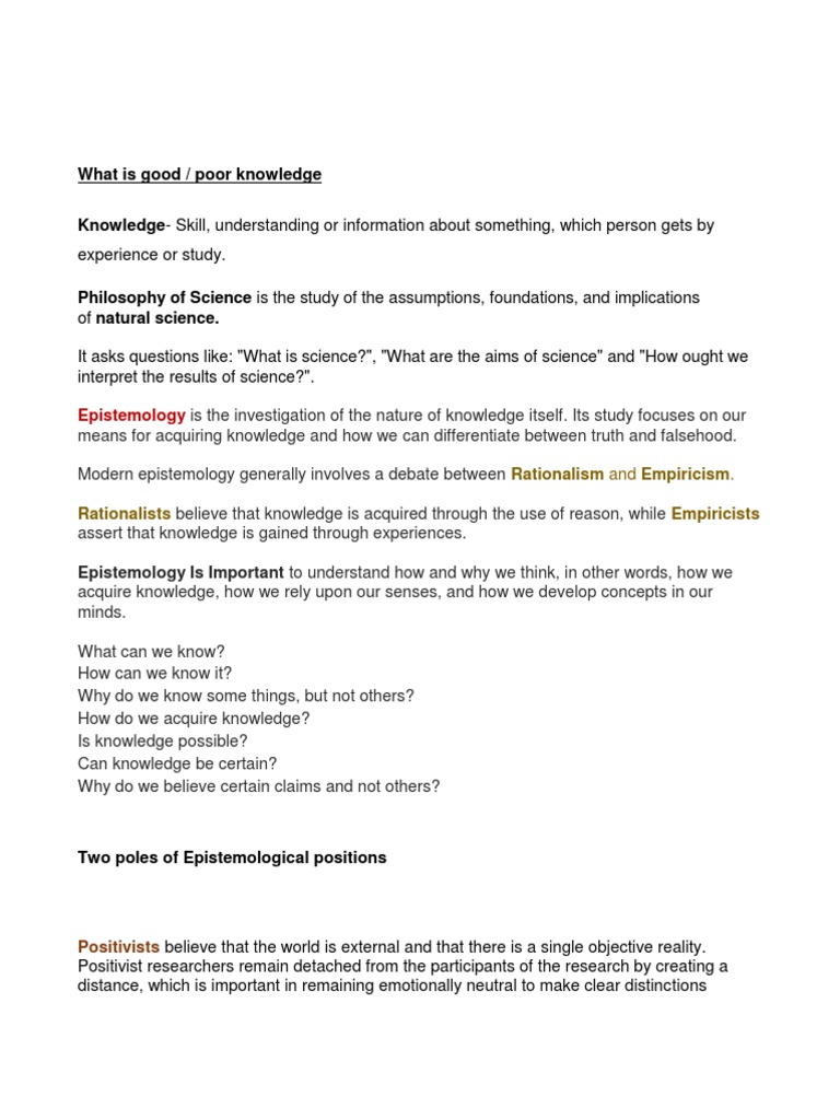 What Is Good / Poor Knowledge: Epistemology | PDF | Positivism ...