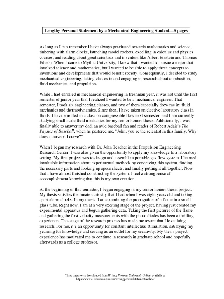 Lengthy Personal Statement by A Mechanical Engineering Student-5 Pages ...