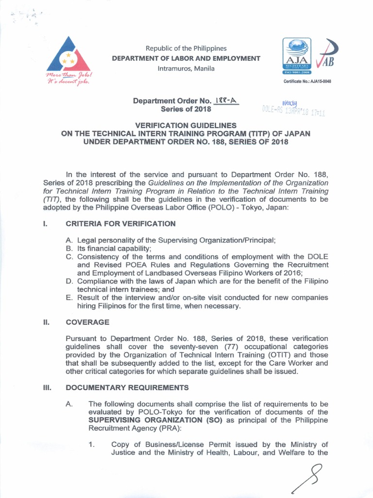DO 188A 18 Verification Guidelines On The Technical Intern Training ...