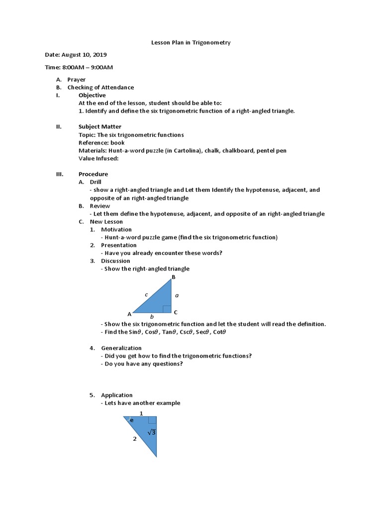 Lesson Plan in Trigonometry | PDF