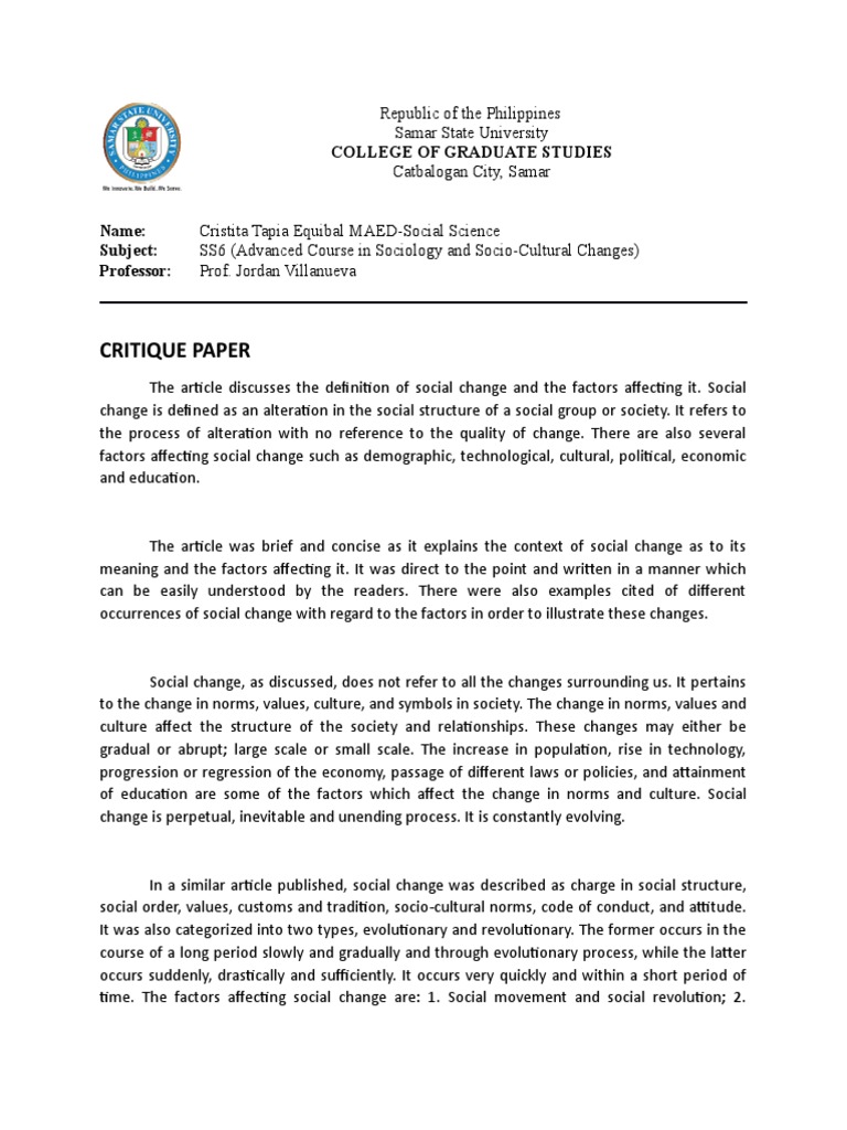 Critique Paper | PDF | Society | Value (Ethics)