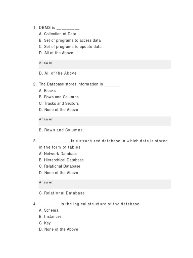 D. All of The Above: Answer | PDF | Relational Database | Databases