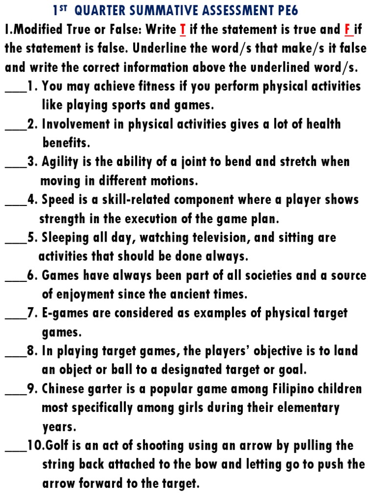 TARP-1st Q - PE6 Summative Assessment | PDF | Aerobic Exercise ...