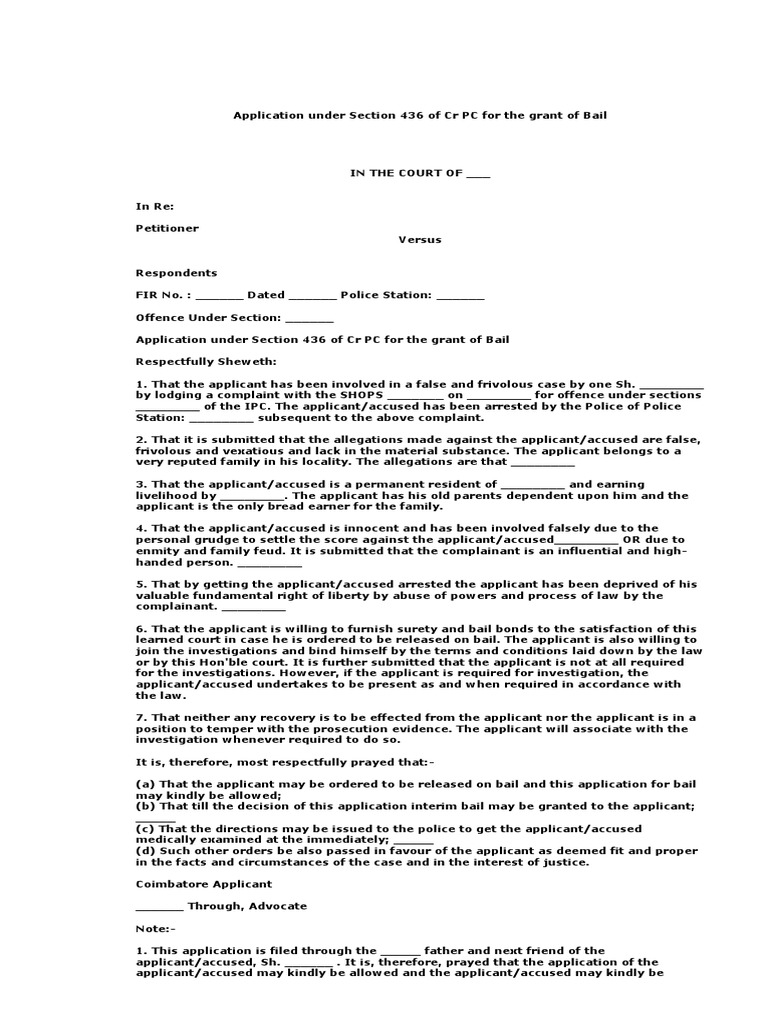 Bail Application Under Section 436 of CR PC | PDF | Bail | Affidavit