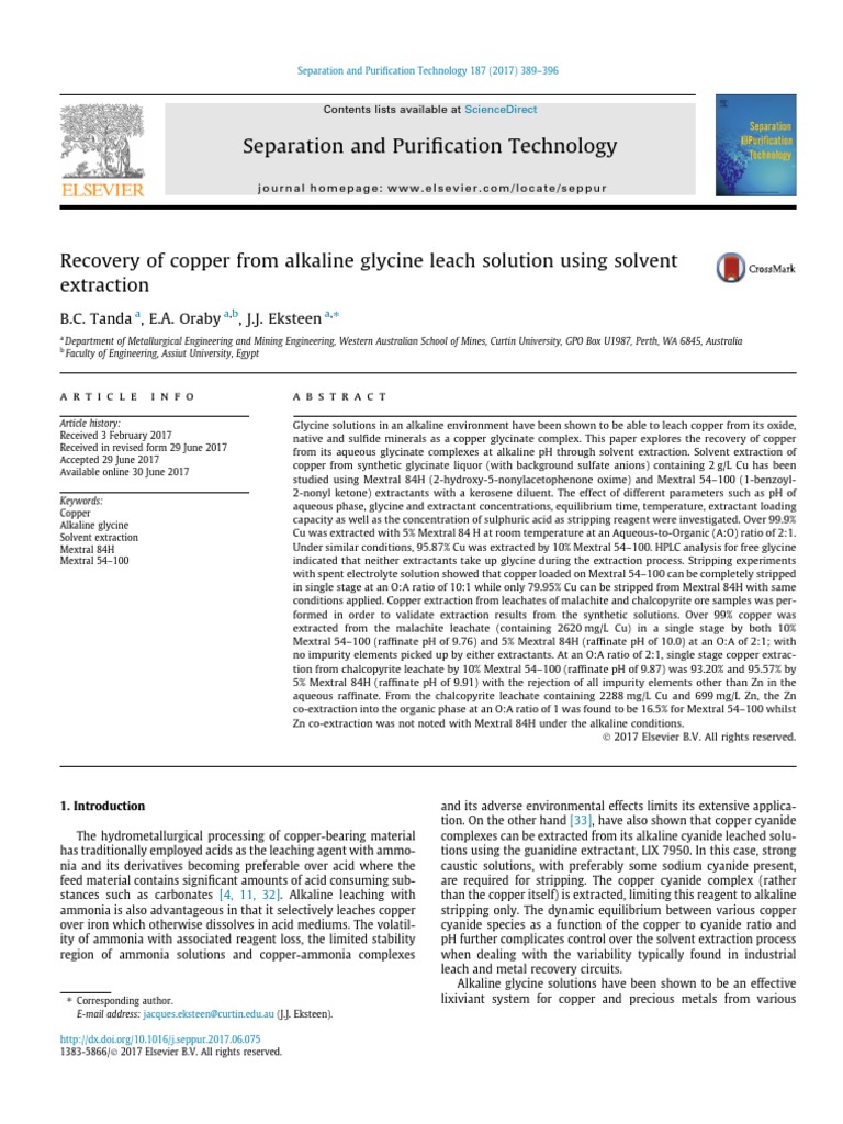 Recovery of Copper From Alkaline Glycine Leach Solution Using Solvent ...