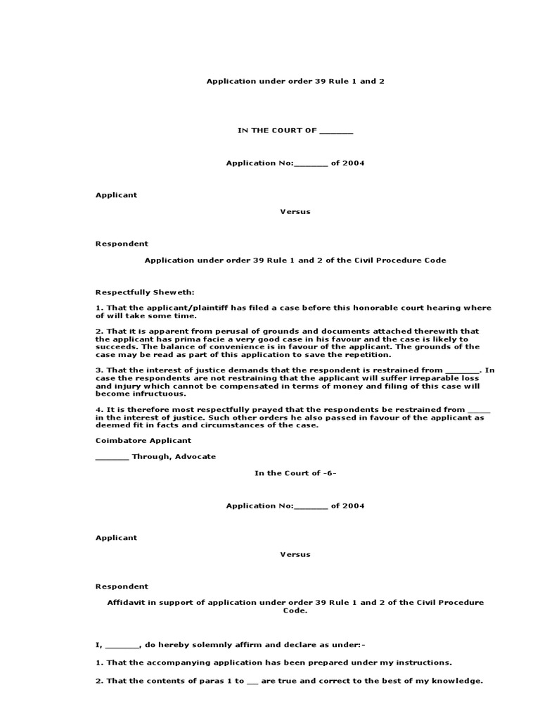 Application Under Order 39 Rule 1 and 2 | PDF