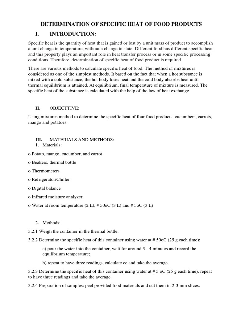 Determination of Specific Heat of Food Products | PDF | Heat | Heat ...
