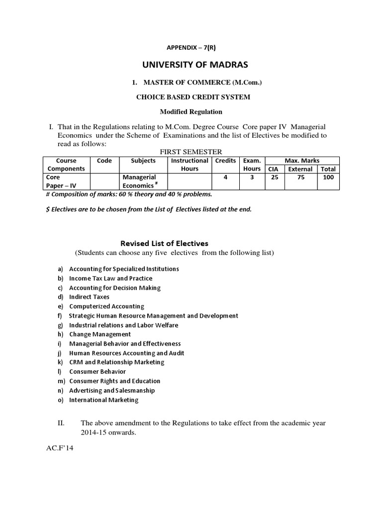University of Madras: Revised List of Electives | PDF | Economics | Accounting