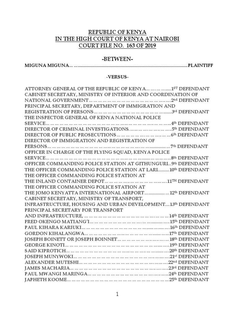 Plaint Against the Republic of Kenya, 2019 | Search And Seizure ...