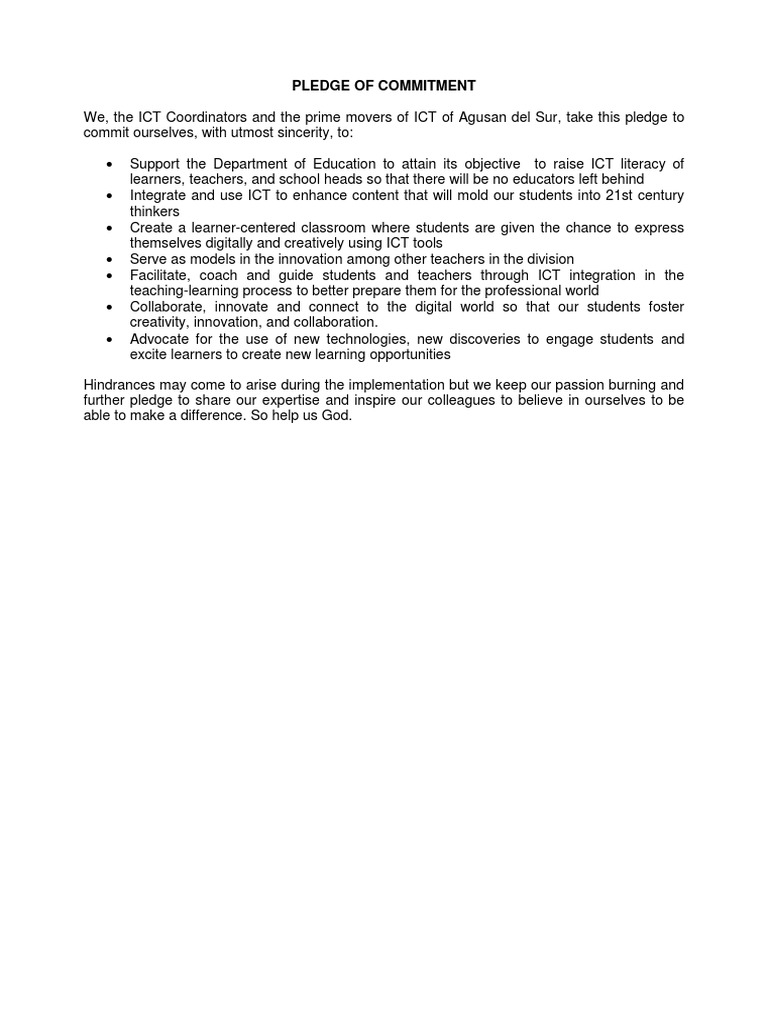 Pledge of Commitment | PDF | Educational Technology | Teachers
