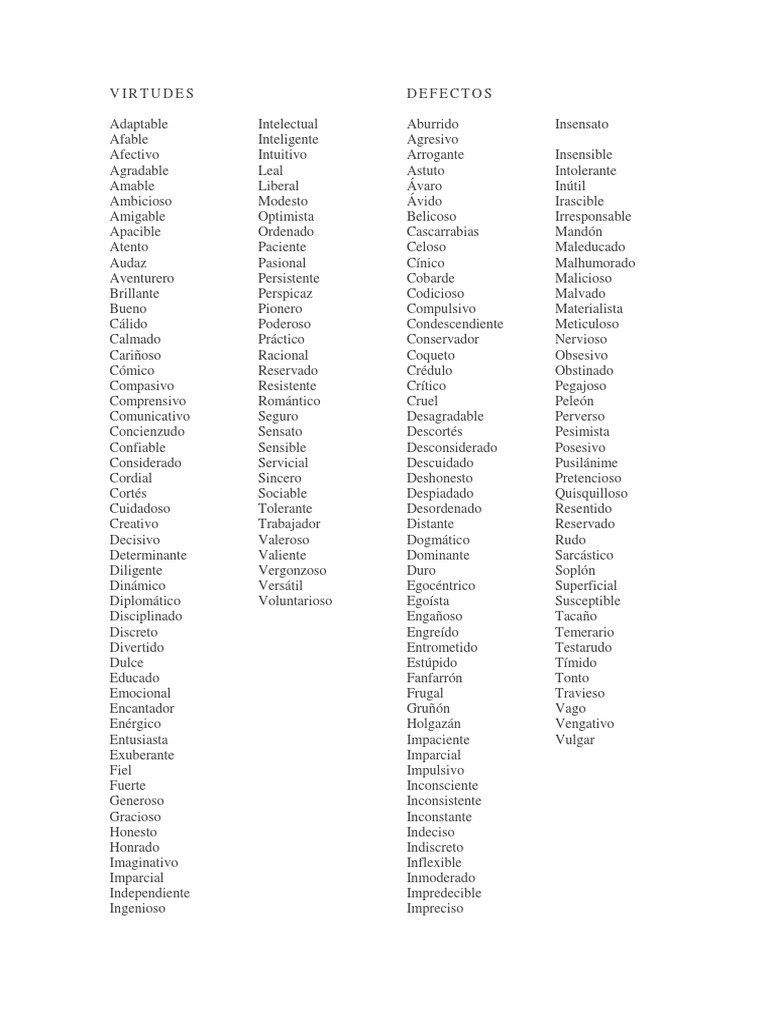 Lista de virtudes y defectos personales | PDF