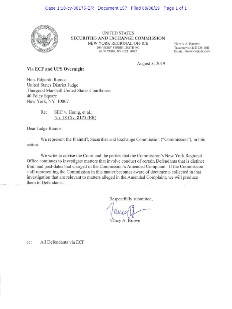SEC Letter Team Honig Investigation Continues 8.9.19 | PDF