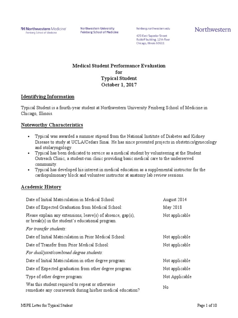 Medical Student Performance Evaluation For Typical Student October 1 ...