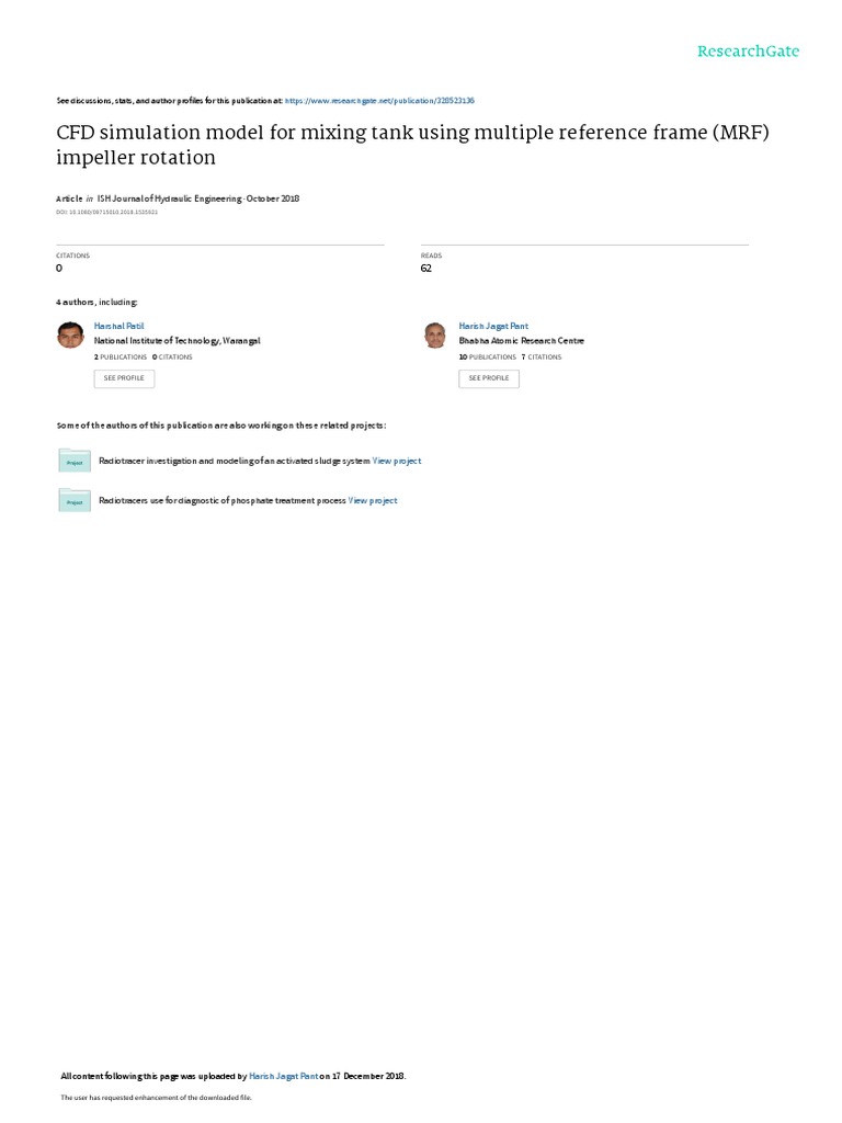 CFD Simulation Model For Mixing Tank Using Multiple Reference Frame (MRF) Impeller Rotation ...
