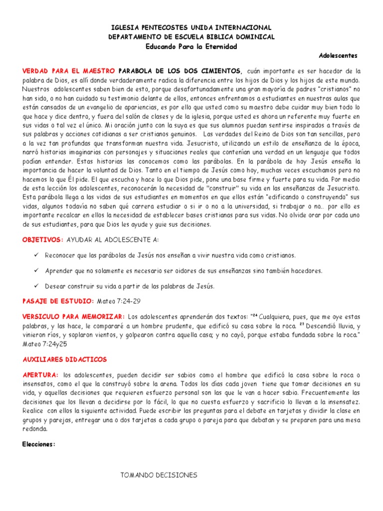 Parábola de Los Dos Cimientos para Adolescentes | PDF | Jesús | Oración