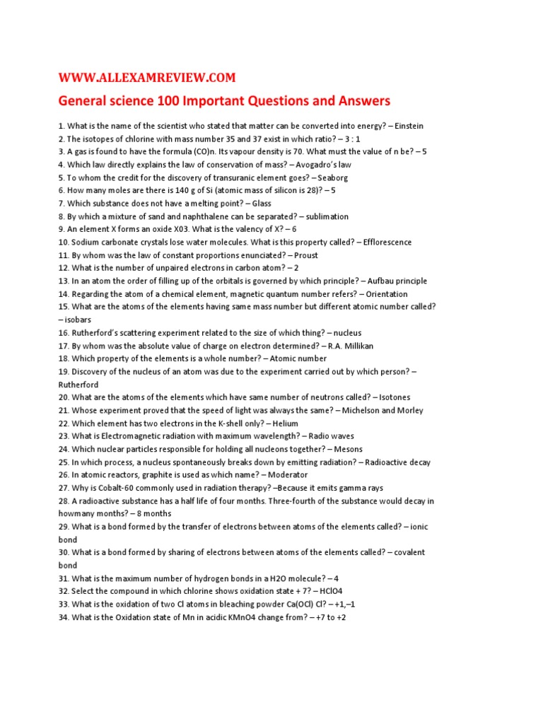 General Science 100 Important Questions and Answers | PDF | Business
