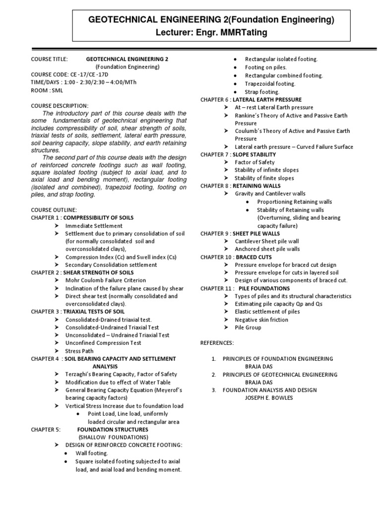 Geotechnical Engineering 2 (Foundation Engineering) Lecturer: Engr ...