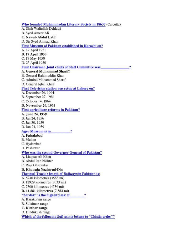 Pak Mcqs With Answers For May 1 Paper | PDF | Pakistan | South Asia