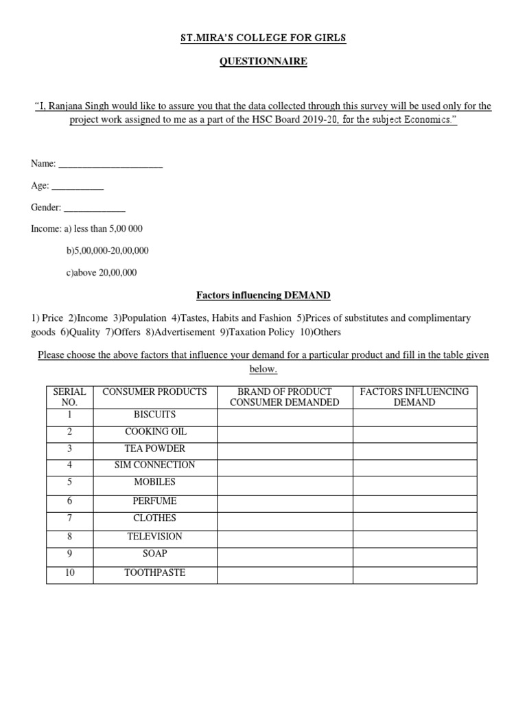 ST - Mira'S College For Girls Questionnaire | PDF | Business