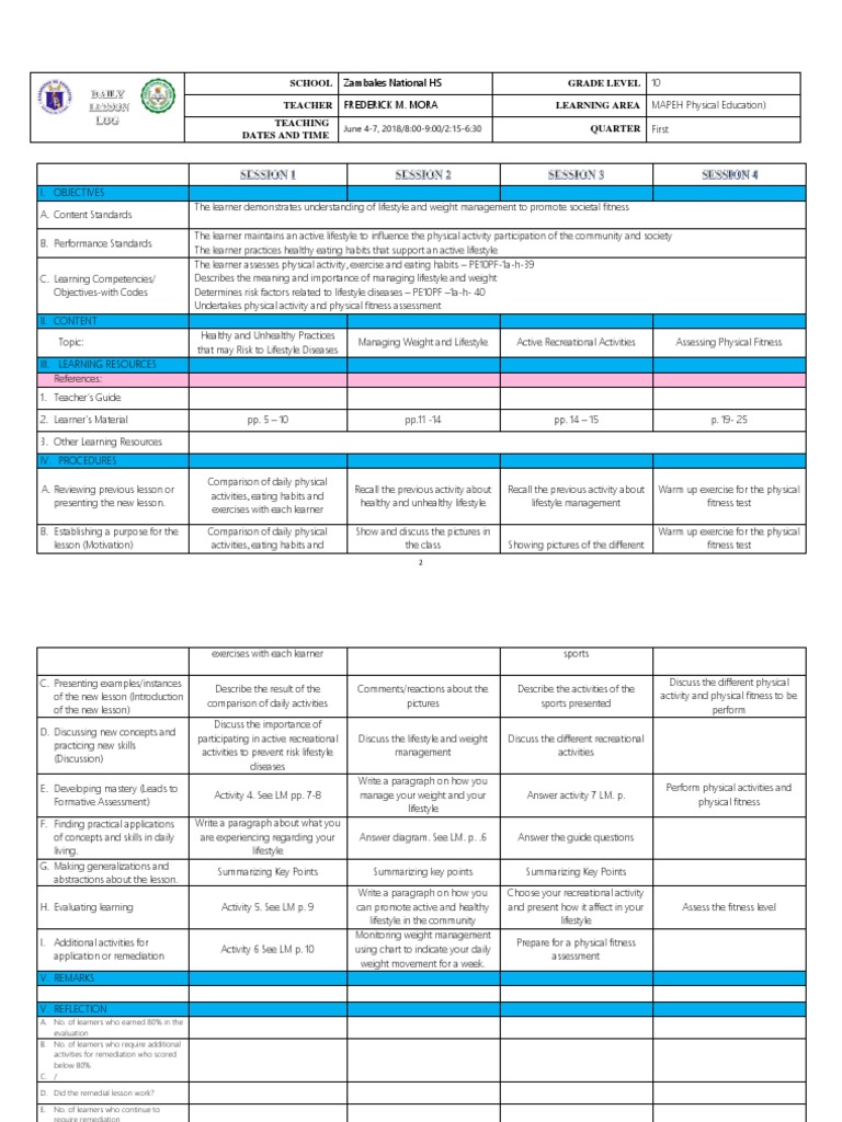 DLL Grade 10 Physical Education | PDF | Physical Fitness | Learning
