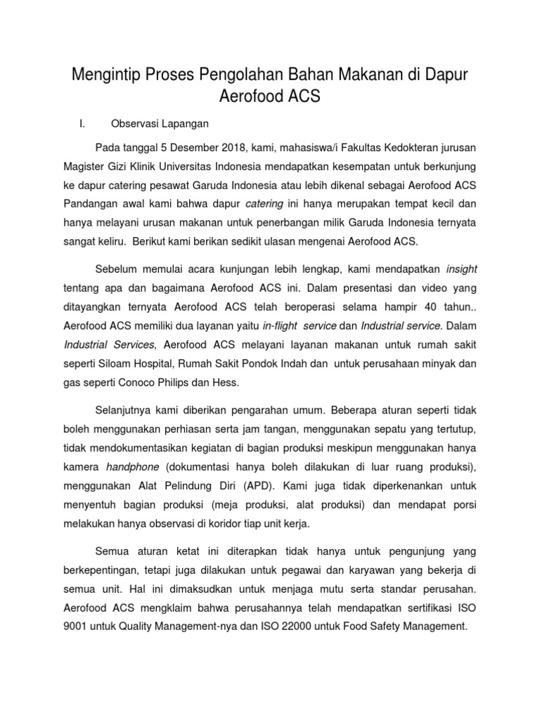 Mengintip Proses Pengolahan Bahan Makanan Di Dapur Aerofood ACS | PDF