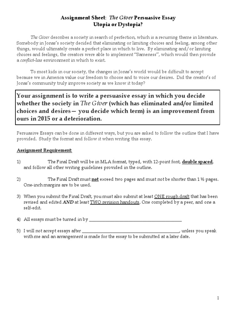 Assignment Sheet: The Giver Persuasive Essay Utopia or Dystopia? | PDF ...