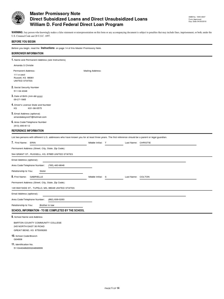 Master Promissory Note Direct Subsidized Loans and Direct Unsubsidized ...