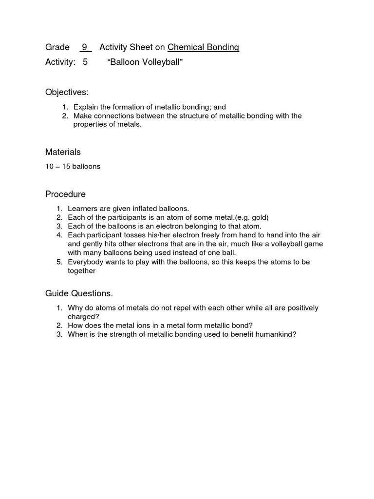 Grade 9 Activity Sheet On Chemical Bonding Activity: 5 "Balloon ...