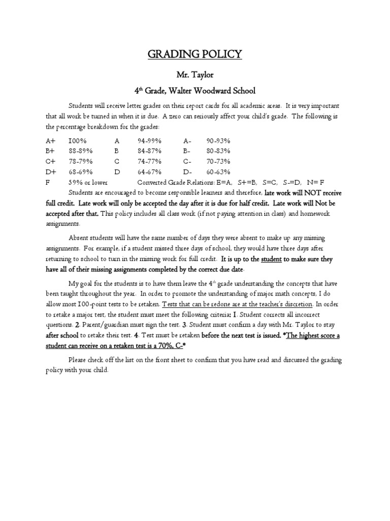 4th Grade Grading Policy Overview | PDF | Wellness