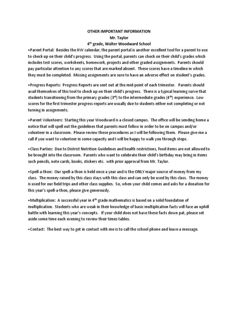 4th Grade Parent Information Guide | PDF | Homework | Pedagogy